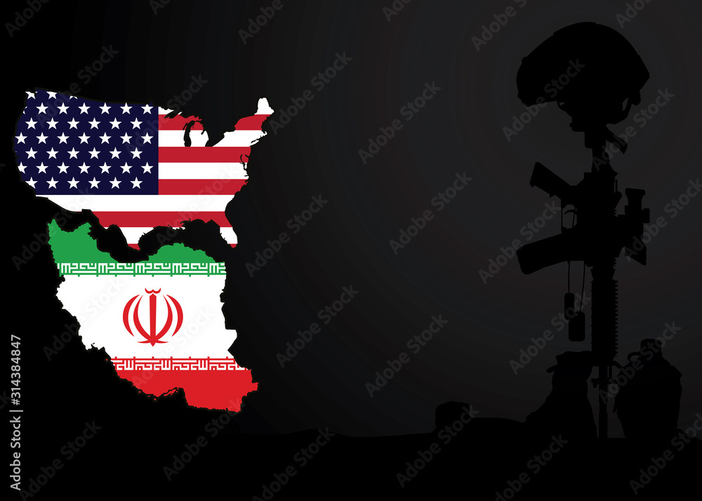 USA and Iran flags with military vector illustration, Army background ...