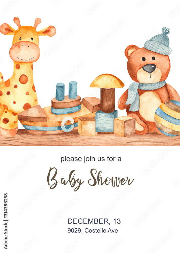 Watercolor invitation card for baby shower with plush and wooden toys ...