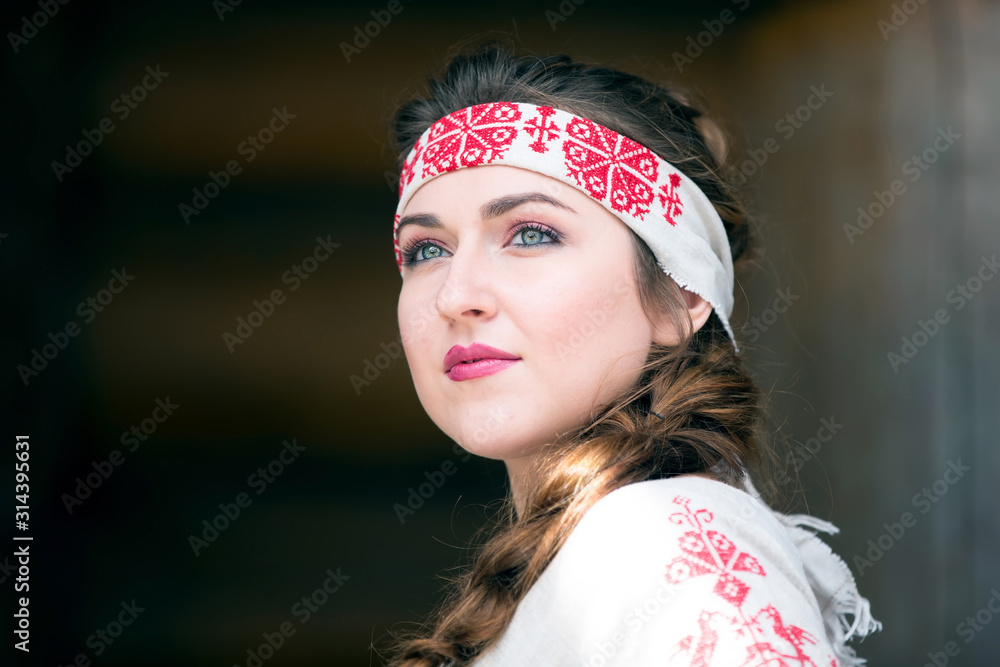 Russian style. Russian woman in national dress. Beautiful Slav with ...