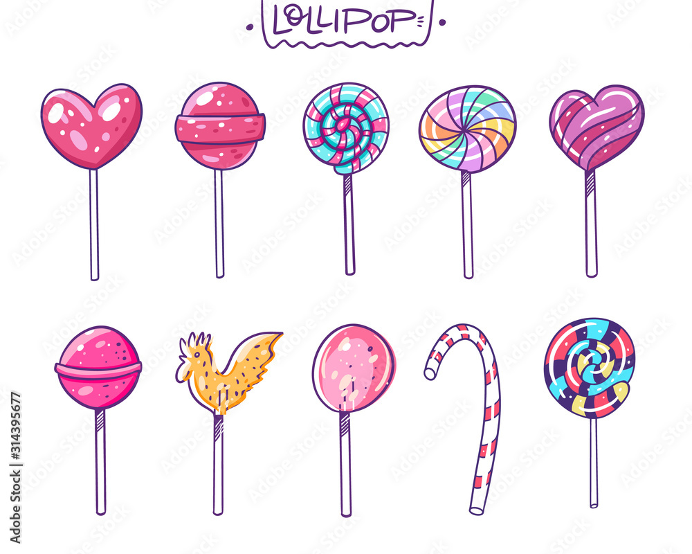 Ten sweet cute lollipops. Vector illustration set. Cartoon style. Stock Vector | Adobe Stock
