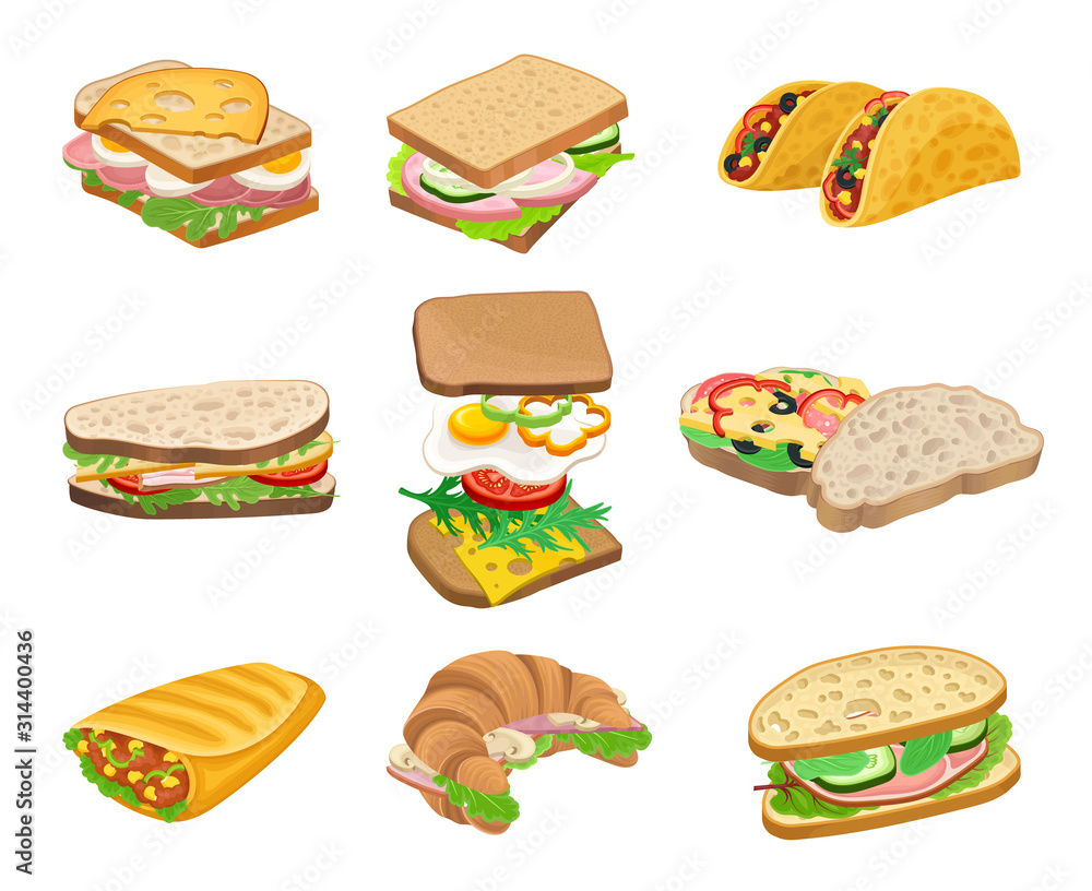 Subs and Sandwiches with Various Ingredients Vector Set Stock Vector ...