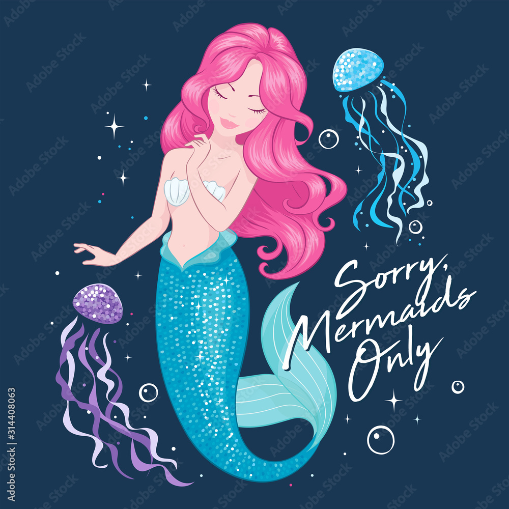 Beautiful pink hair mermaid on a dark background. Cute Mermaid with ...