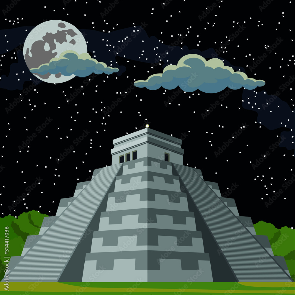 Vector illustration of ancient Mayan pyramid in night time with ...