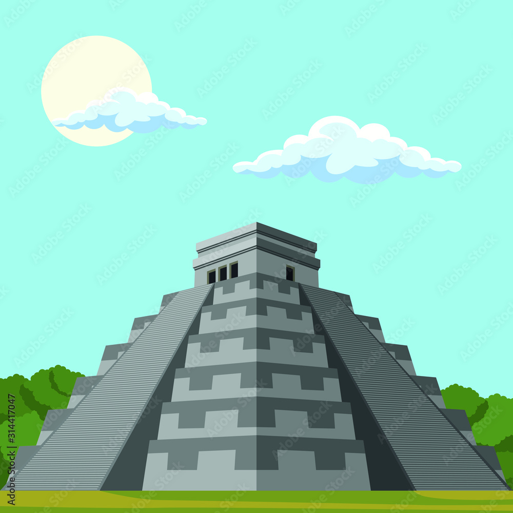 Vector illustration of ancient Mayan pyramids with tropical plants ...