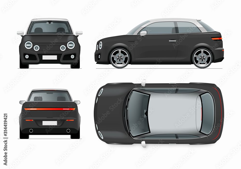 Modern compact city car mockup. Side, top, front and rear view of ...
