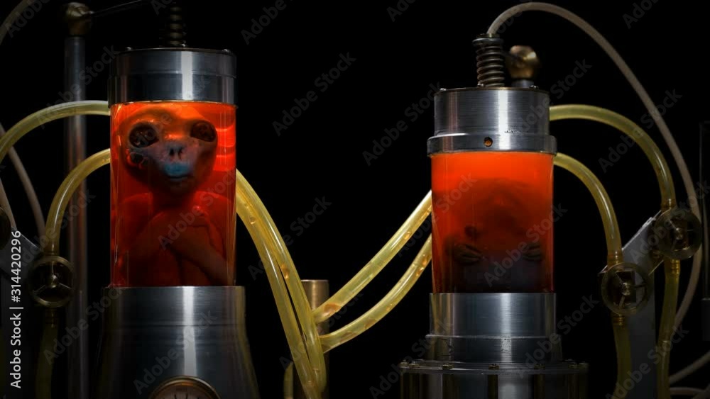Aliens in cylindrical glass vessels (flasks), in a liquid with air ...