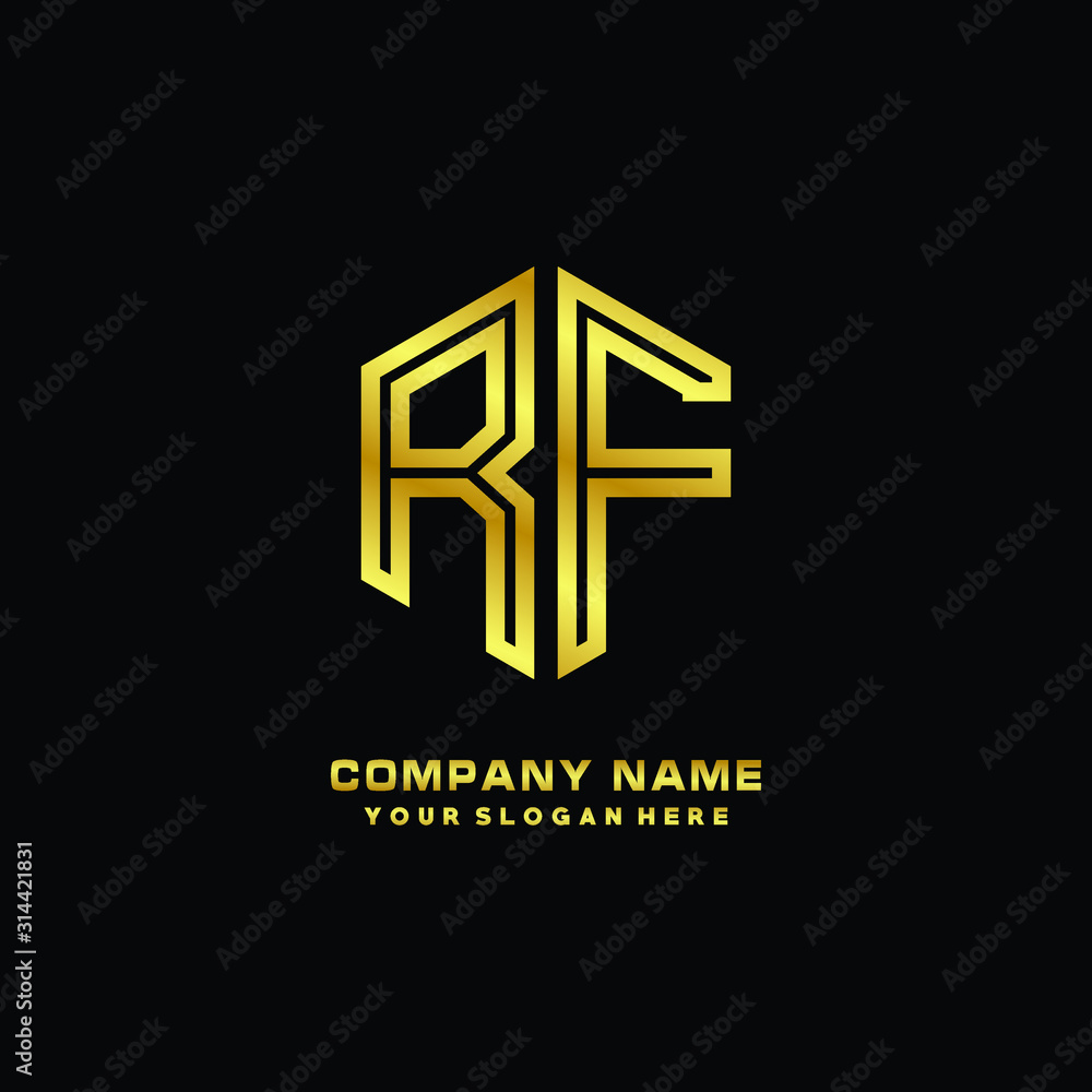 Initial letter RF, minimalist line art monogram hexagon logo, gold ...