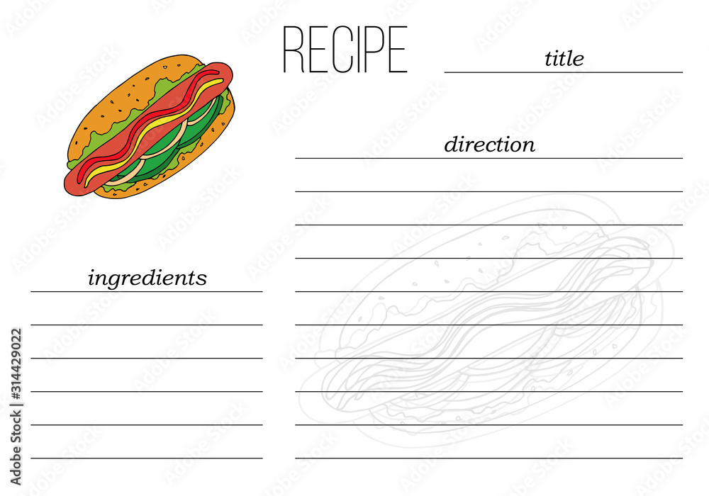 Vector simple recipe card template with fast food illustration in ...