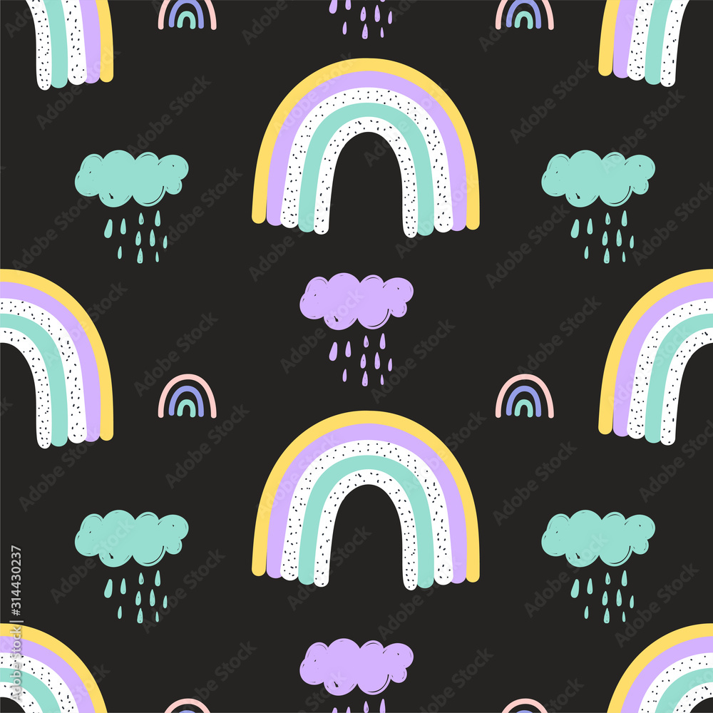 Seamless pattern with simple rainbows and cloud with rain. Simplicity ...