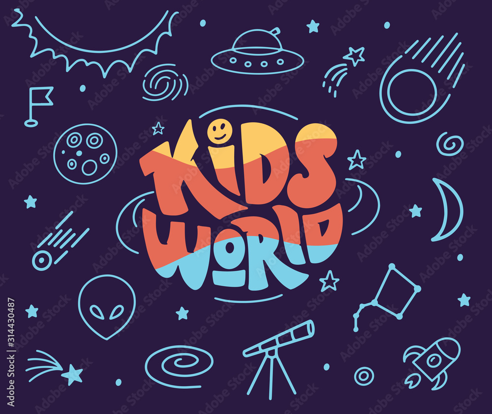 Kids world logo and doodles icons. Hand drawn lettering composition ...