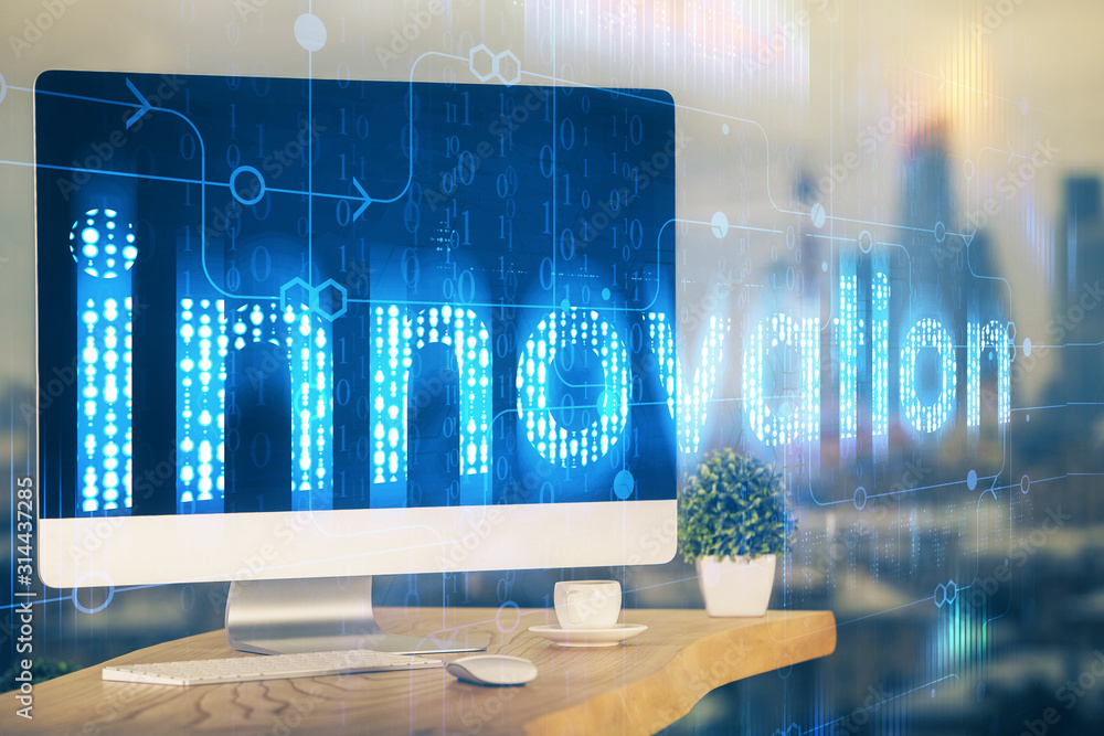 Technology theme drawing and table with computer. Multi exposure ...