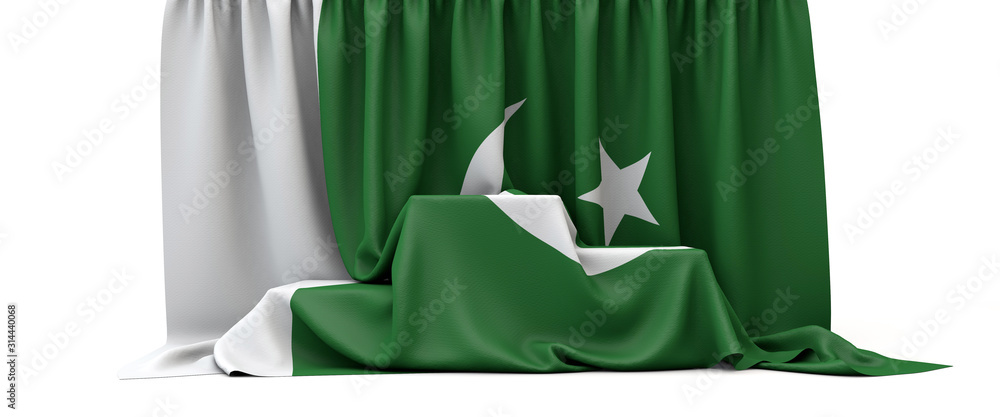 Pakistan flag draped over a competition winners podium. 3D Render Stock ...
