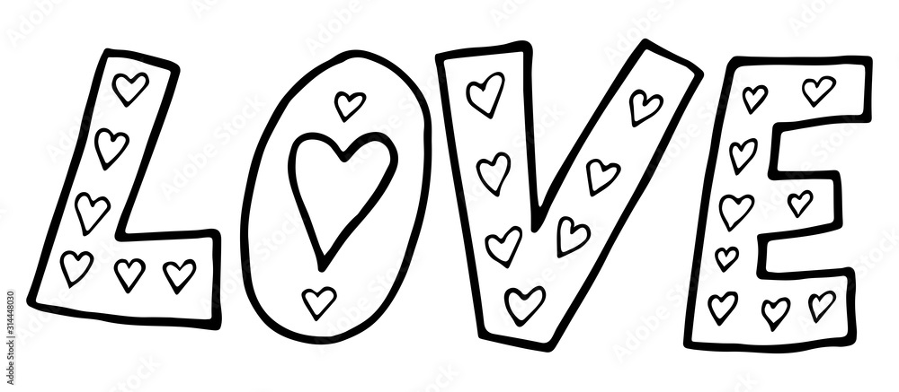 Black and white love lettering in doodle style isolated on white ...