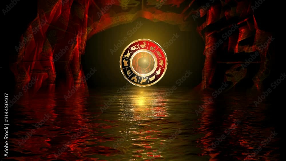 Animated 3d scene with fantasy fiery cave and the twelve signs of the ...