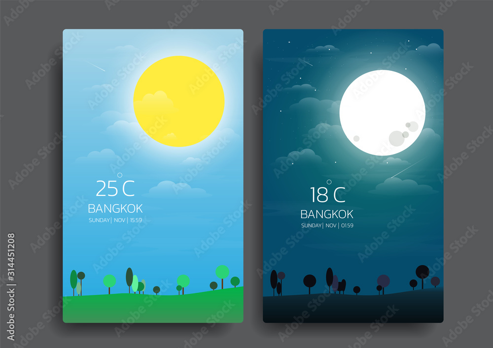day and night landscape illustration with sun,moon,hills,star,clouds ...