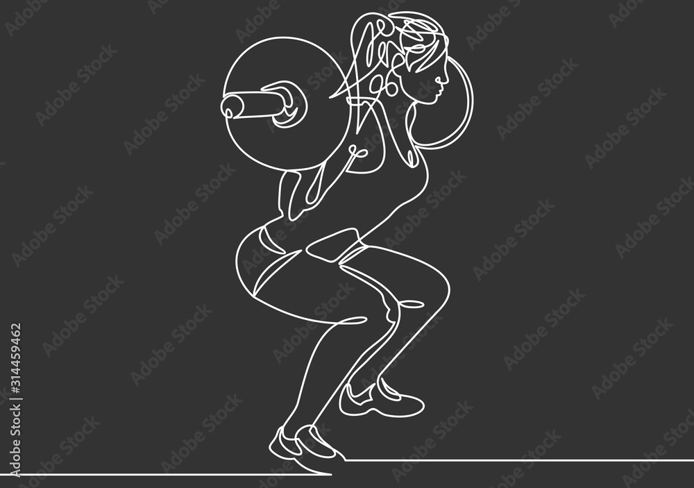 Woman lifting weights continuous one line drawing. Squats with barbell ...