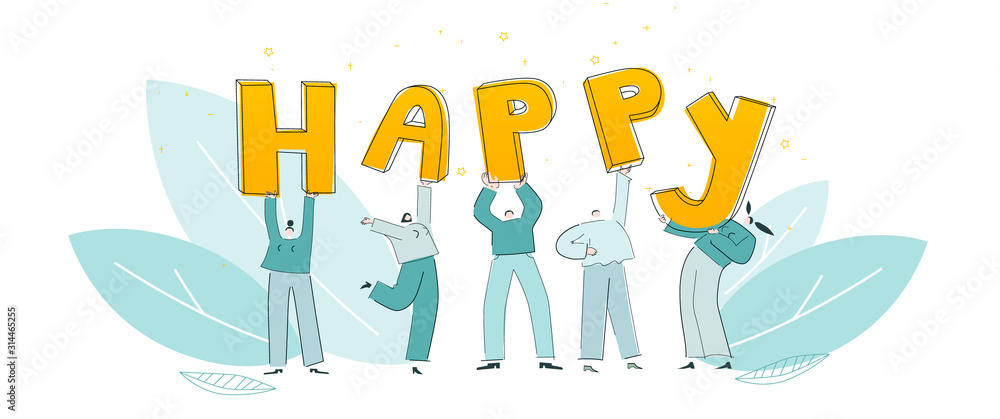 Flat people carry big letters. Happy men and women hold light text ...