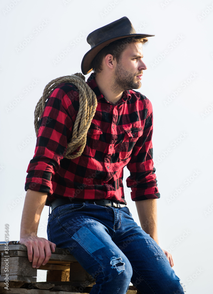 Thoughtful farmer thinking about business. Ranch worker. Eco farm ...