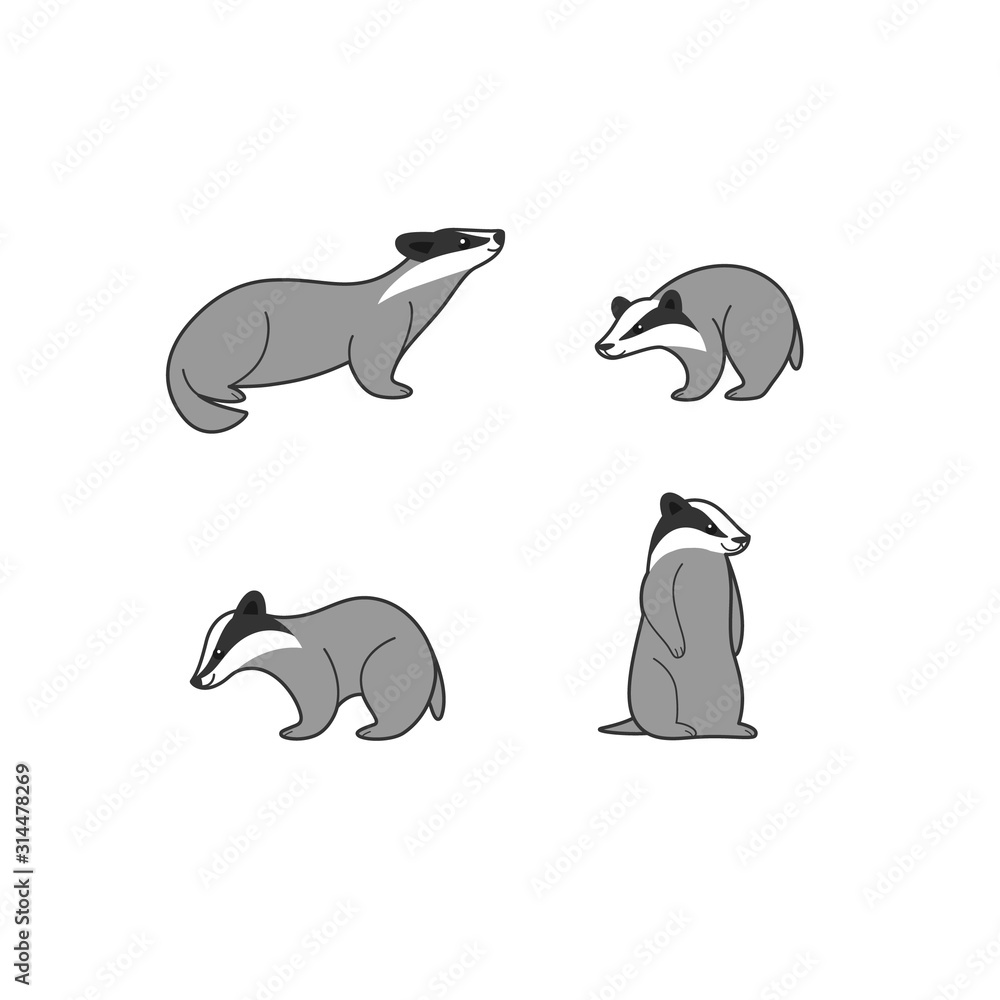 Cartoon animal icon set. Different poses of badger. Cartoon ...