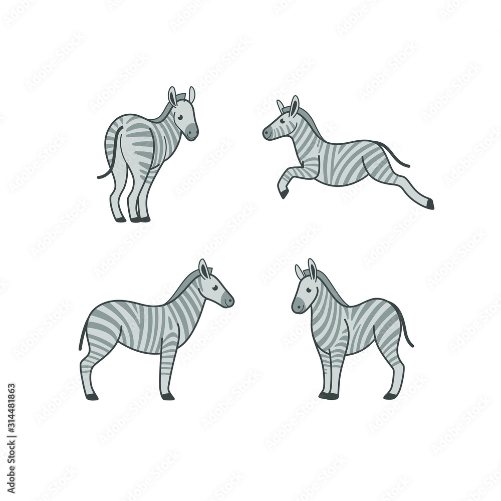 Cartoon zebra icon set. Different poses of cartoon animal. Vector ...