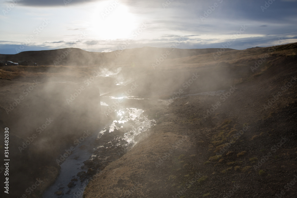 Geothermal area in Krysuvik on early sunny morning, Southern Peninsula ...