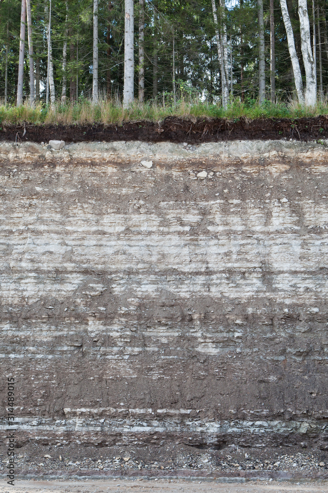 View on the wall of the open air mine showing the limestone and oil ...