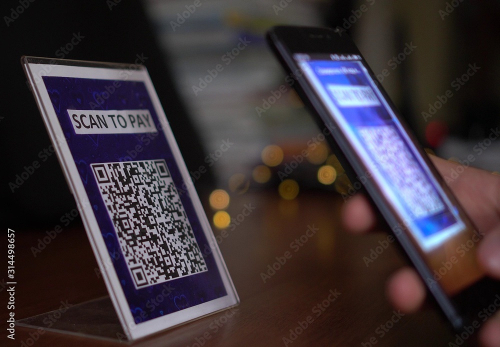 QR code cashless payment. Scan to pay system. Business or technology ...