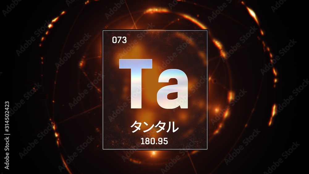 3D illustration of Tantalum as Element 73 of the Periodic Table. Orange ...
