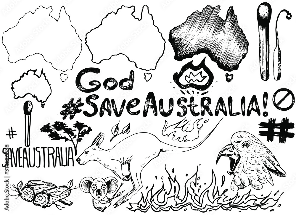 Vector set on the theme of the fire in Australia. The set includes: the ...