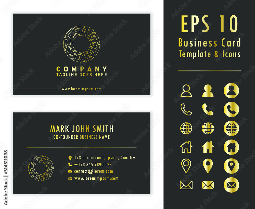 Business card design template and icon set. Company contact graphic ...