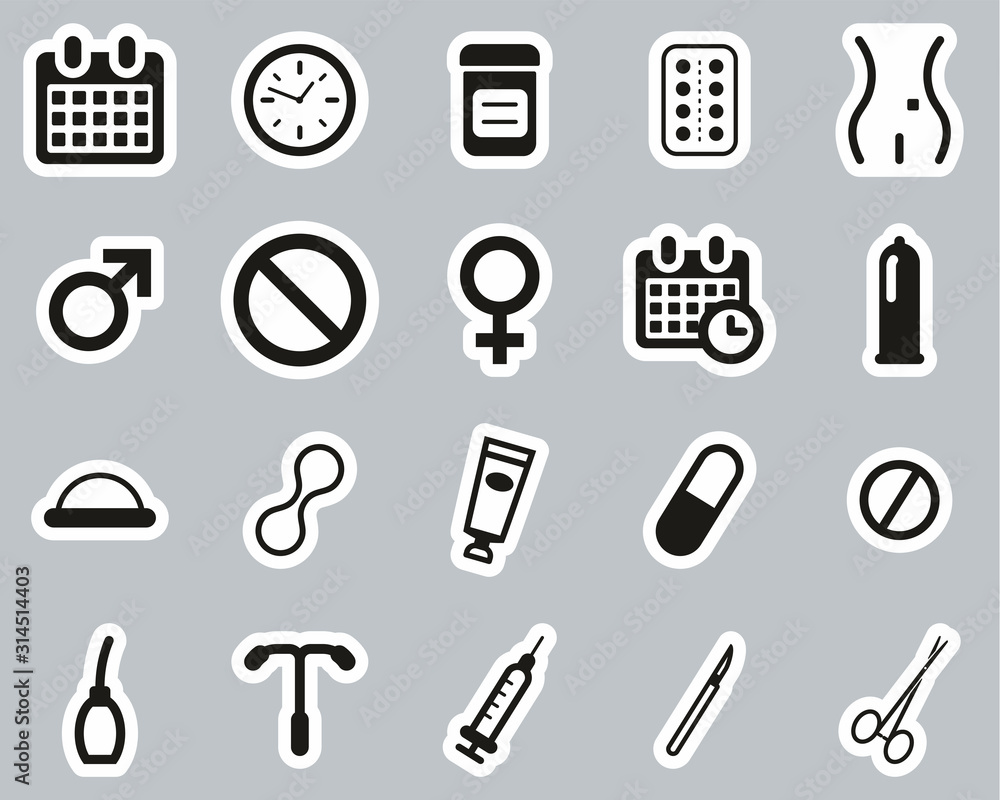 Contraception Methods Icons Black & White Sticker Set Big Stock Vector ...