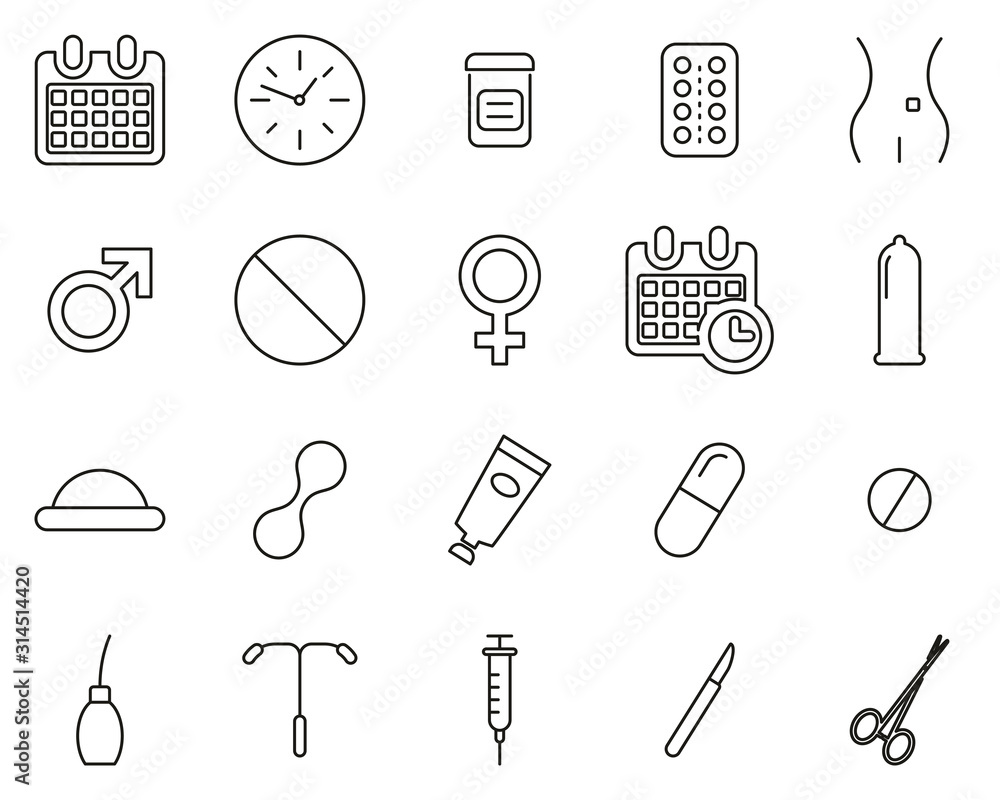 Contraception Methods Icons Thin Line Set Big Stock Vector | Adobe Stock