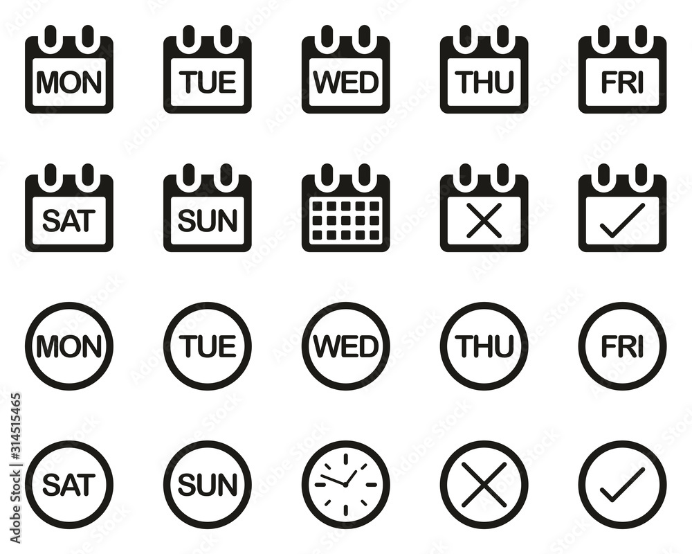 Days Of The Week Icons Black & White Set Big Stock Vector | Adobe Stock