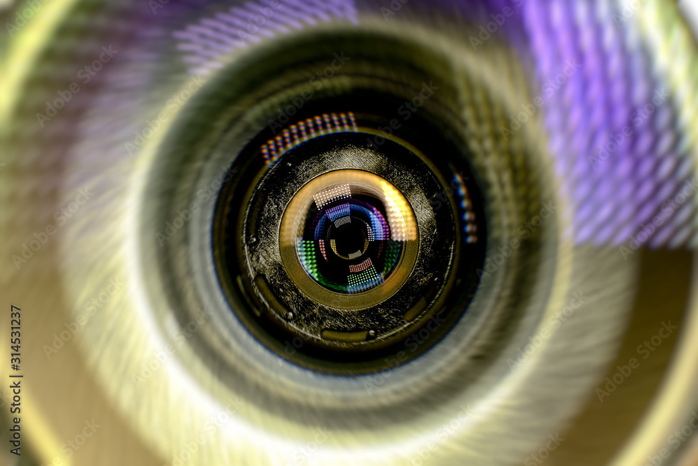 Security camera lens on a blue background for conceptual design. Dark ...