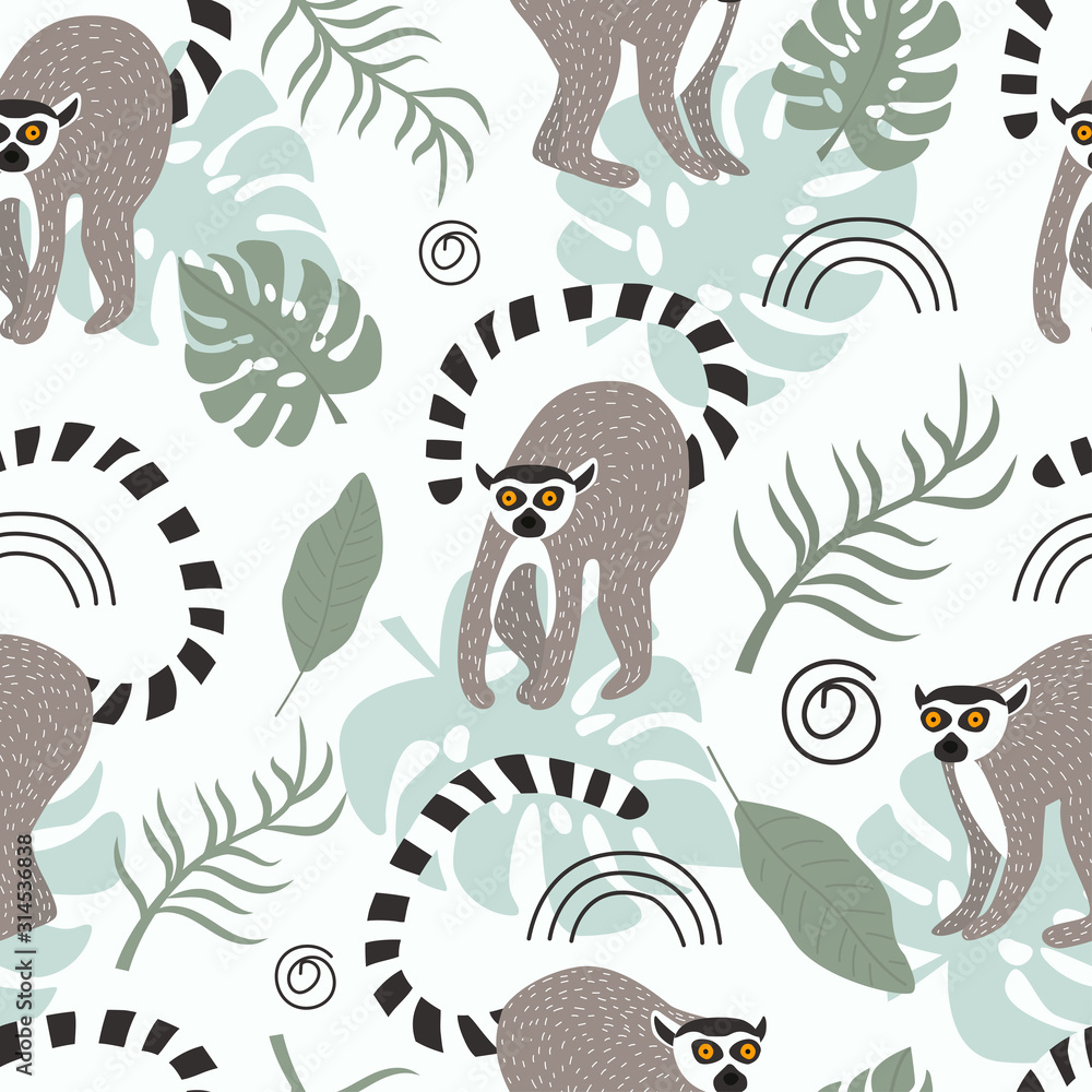 Seamless pattern with cute lemur on white background. Vector ...