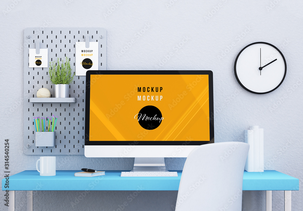 Desktop Computer on a Blue Desk Mockup Stock Template | Adobe Stock