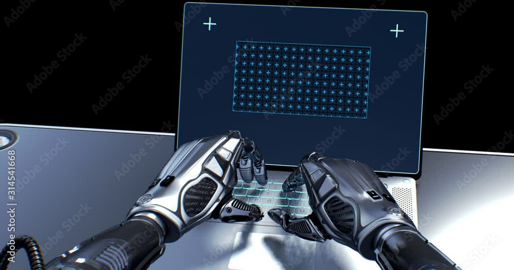 Robot typing on laptop keyboard, concept of technology, with alpha ...