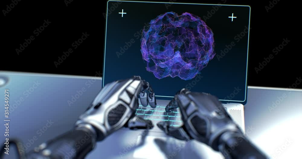 Robot typing on laptop keyboard, concept of technology, with alpha ...