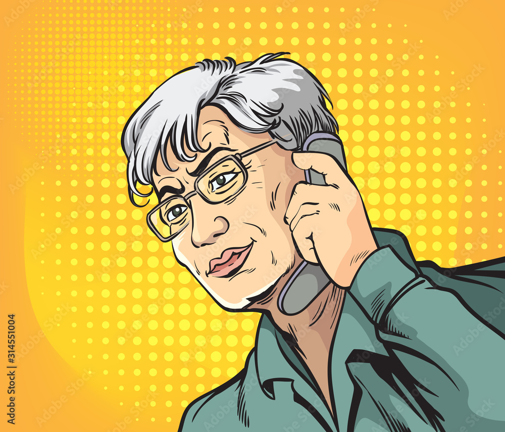 The old man talking on a mobile phone.Pop art retro vector illustration ...