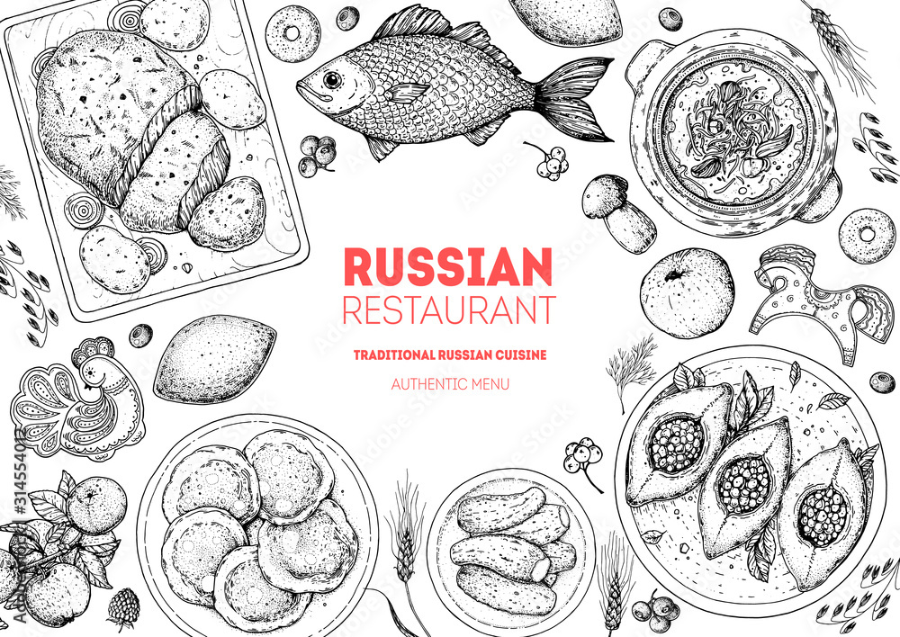 Russian cuisine top view frame. Food menu design elements. Traditional ...