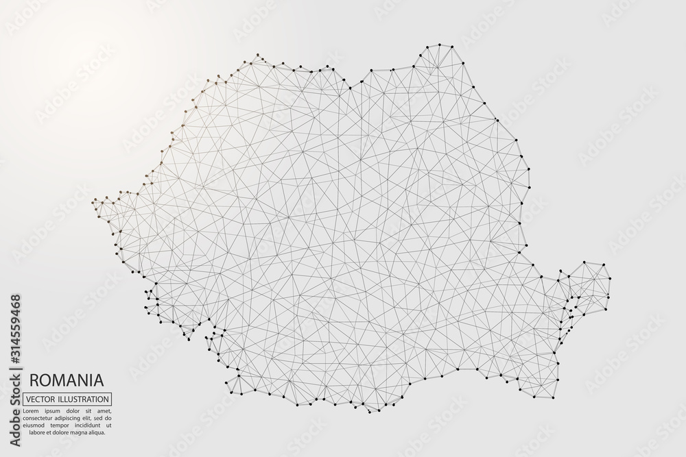 A map of Romania consisting of 3D triangles, lines, points, and ...