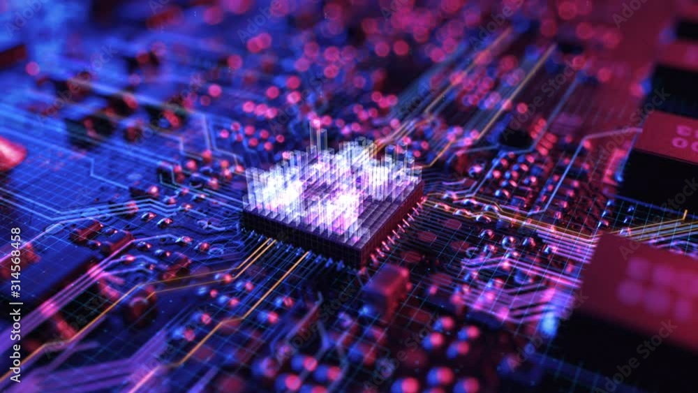 Neon Theme Visualization of Circuit Board CPU Processor Starting Digitalization Process and ...