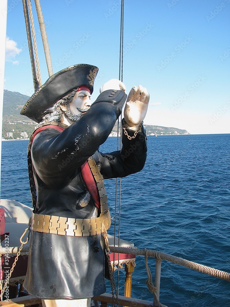 sculpture of a pirate, pirate, horizon, sea, ship, coast, mountains ...