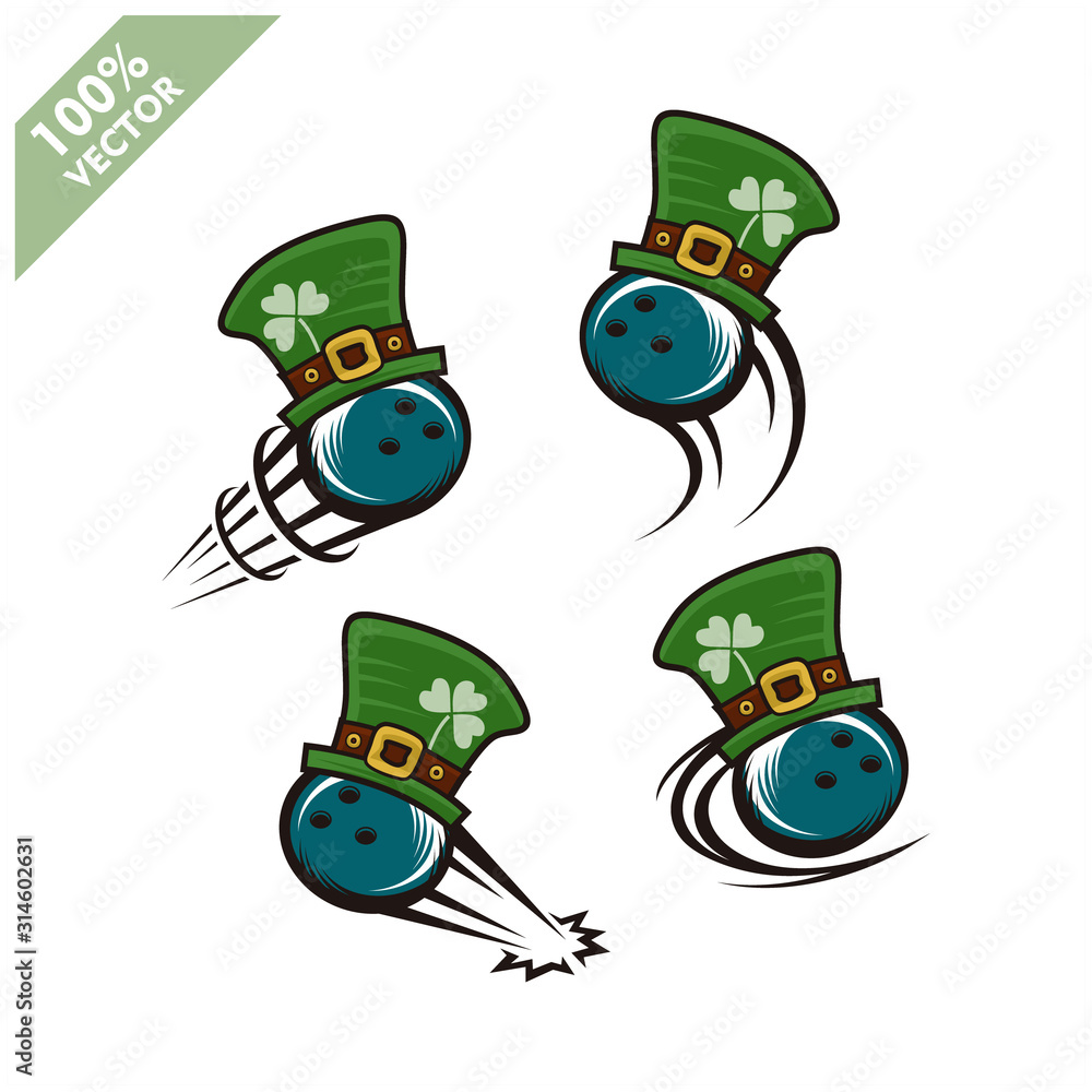 Bowling ball with Saint Patrick's Day hat theme set of 4 logo vector ...