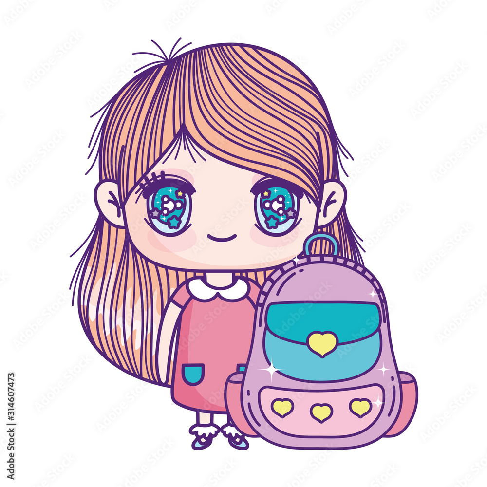 kids, cute little girl anime cartoon with school backpack Stock Vector ...