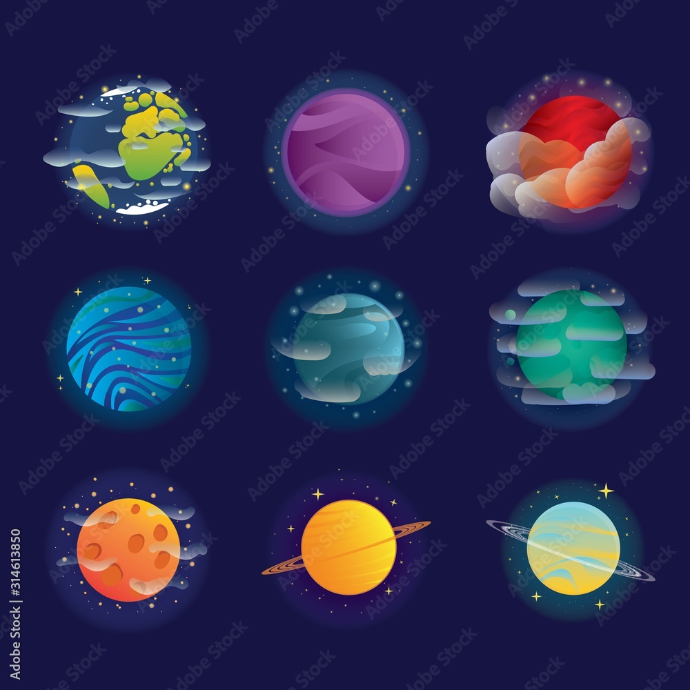 vector set of space icons, planets, stars Stock Vector | Adobe Stock