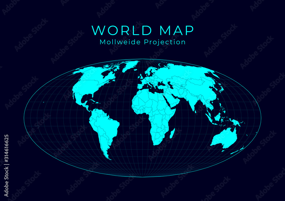 Map of The World. Equal-area, pseudocylindrical Mollweide projection ...