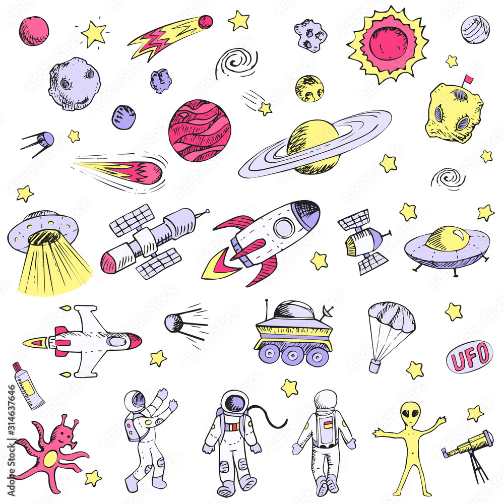 Hand drawn space objects astronaut, spaceship, alien, satellite, rocket ...