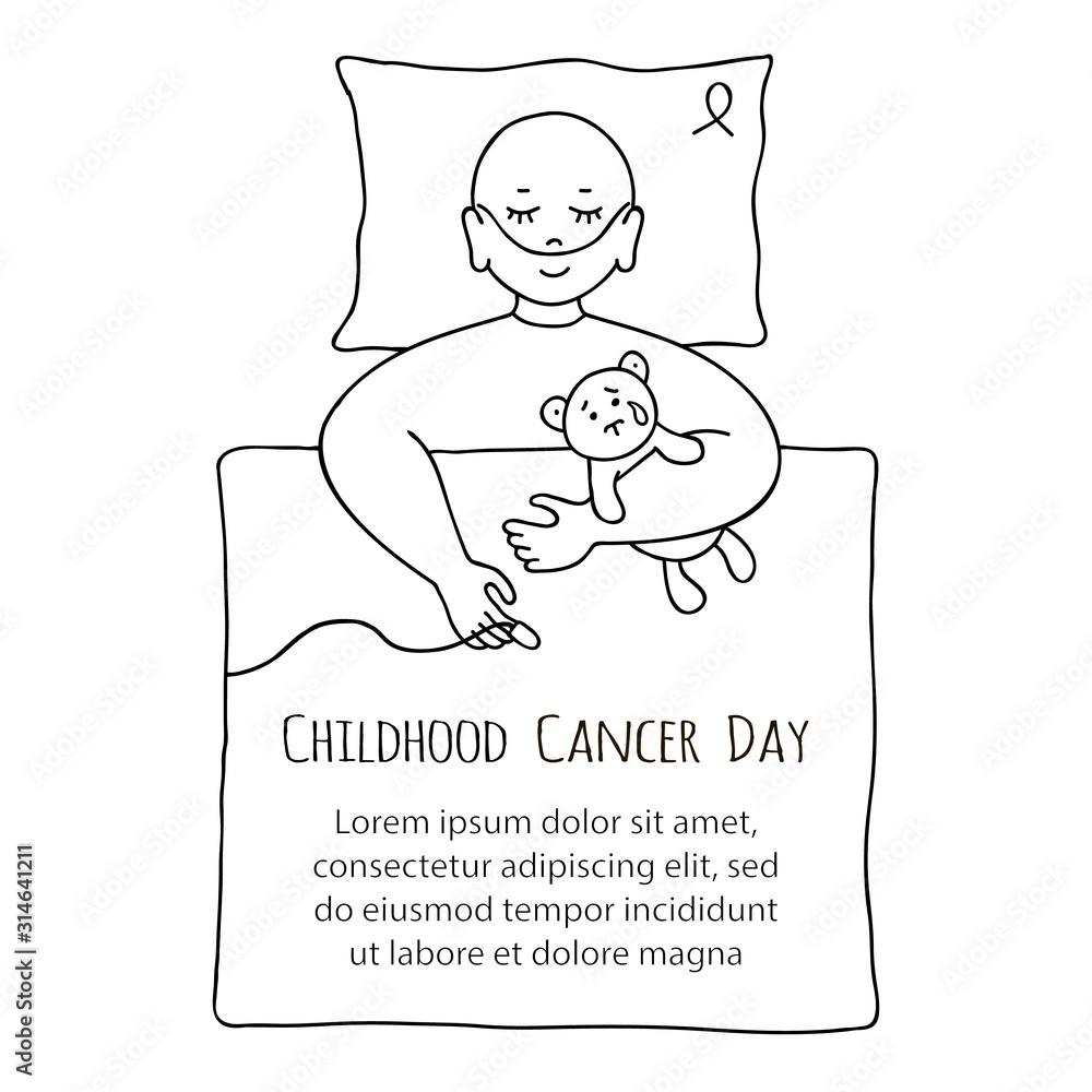 A child with cancer is lying in bed and hugs a toy bear. Poster to the ...
