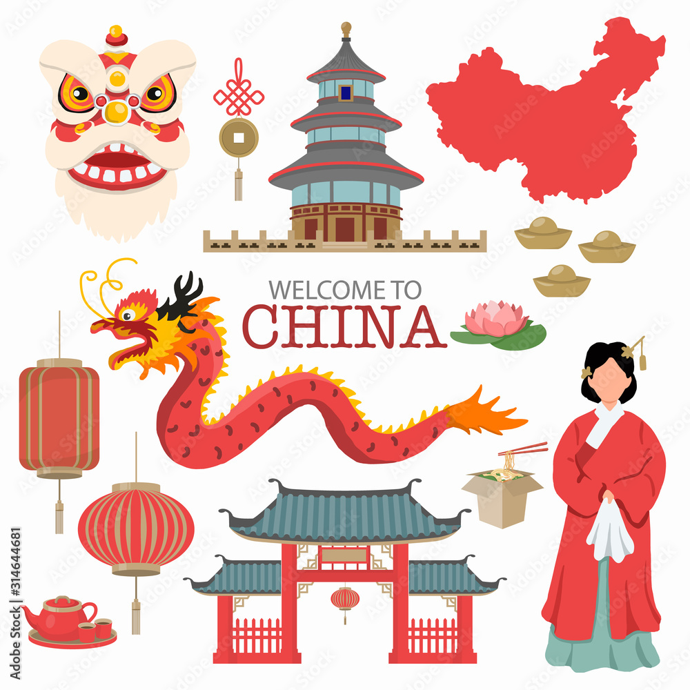 China Flat Icons Design Travel Concept . example Lion and Dragon Dance ...